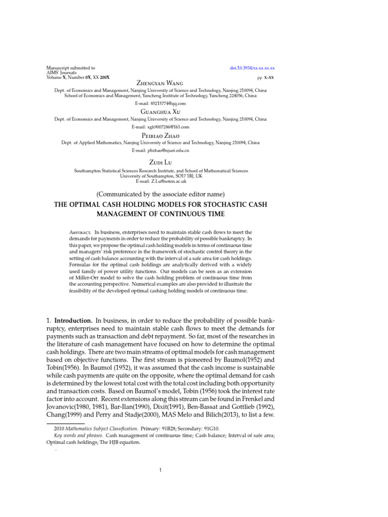 The Optimal Cash Holding Models For Stochastic Cash Management of ...