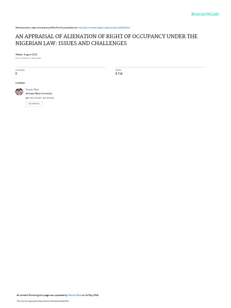 An Appraisal of Alienation of Right of Occupancy Under The Nigerian Law ...