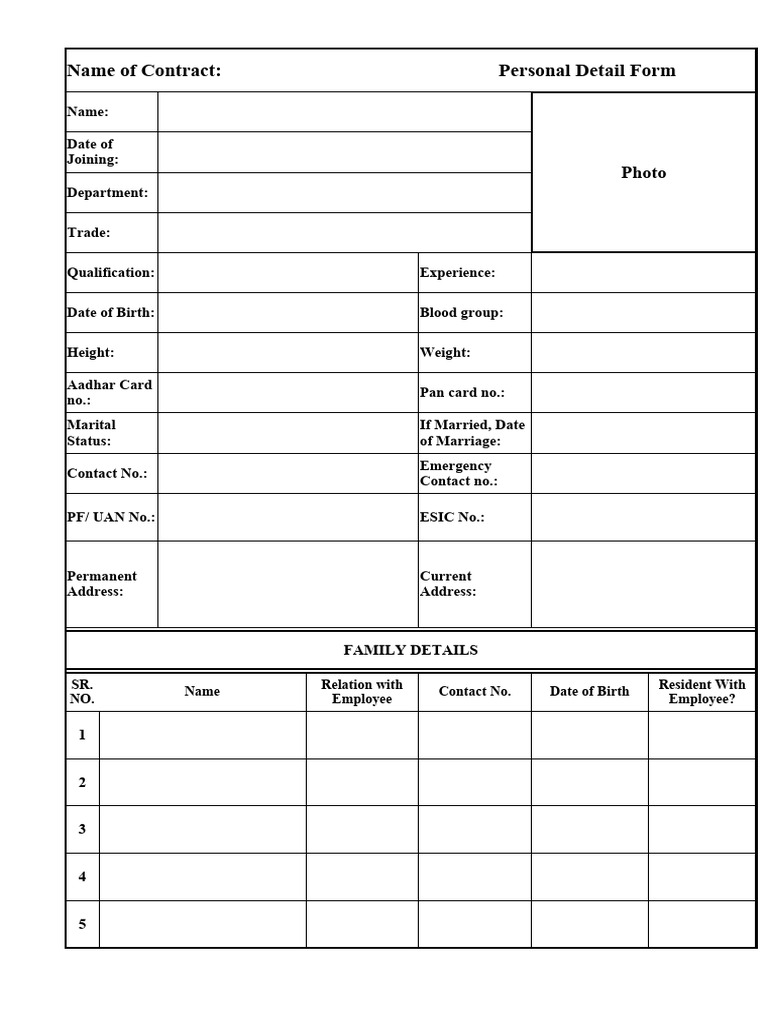 Name of Contract: Personal Detail Form: Photo | PDF
