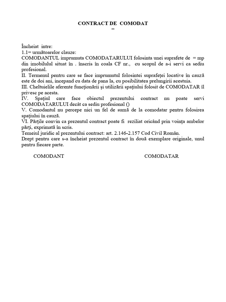 Draft Contract de Comodat Sediu | PDF