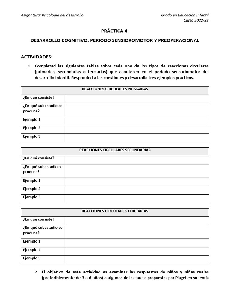 PrÃ¡Ctica 4. Desarrollo Cognitivo. Periodo Sensoriomotor y Preoperacional - Curso 22-23 | PDF ...