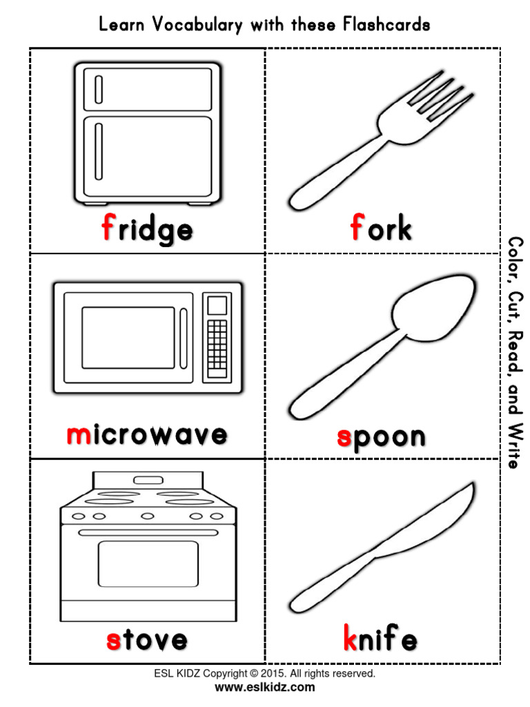 Kitchen Cut and Color Mini Flashcards | PDF | Vocabulary | Human ...
