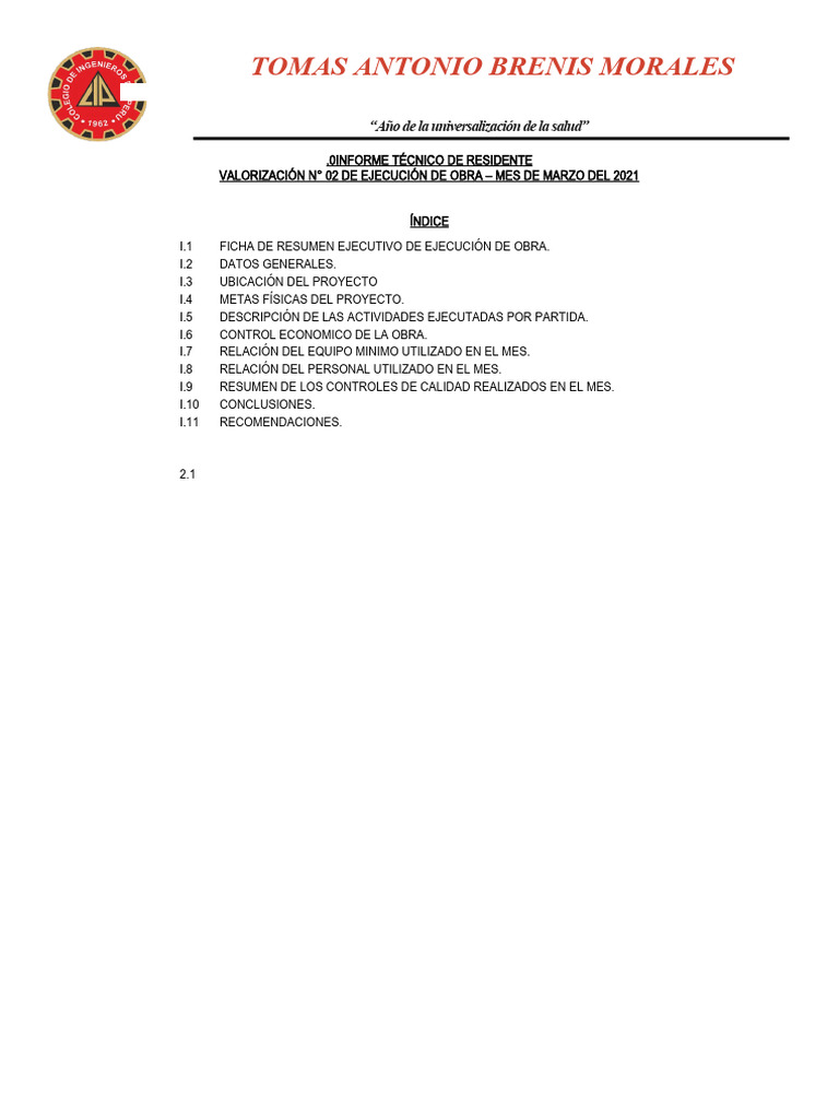 1. Informe Técnico de Residente - Valo 02 - Modificado 7 Dias | PDF | Hormigón | Ingeniero civil