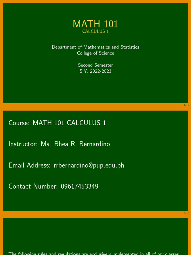 Class Orientation - Math 101 (2ND Sem 22-23) | PDF | Derivative | Function (Mathematics)