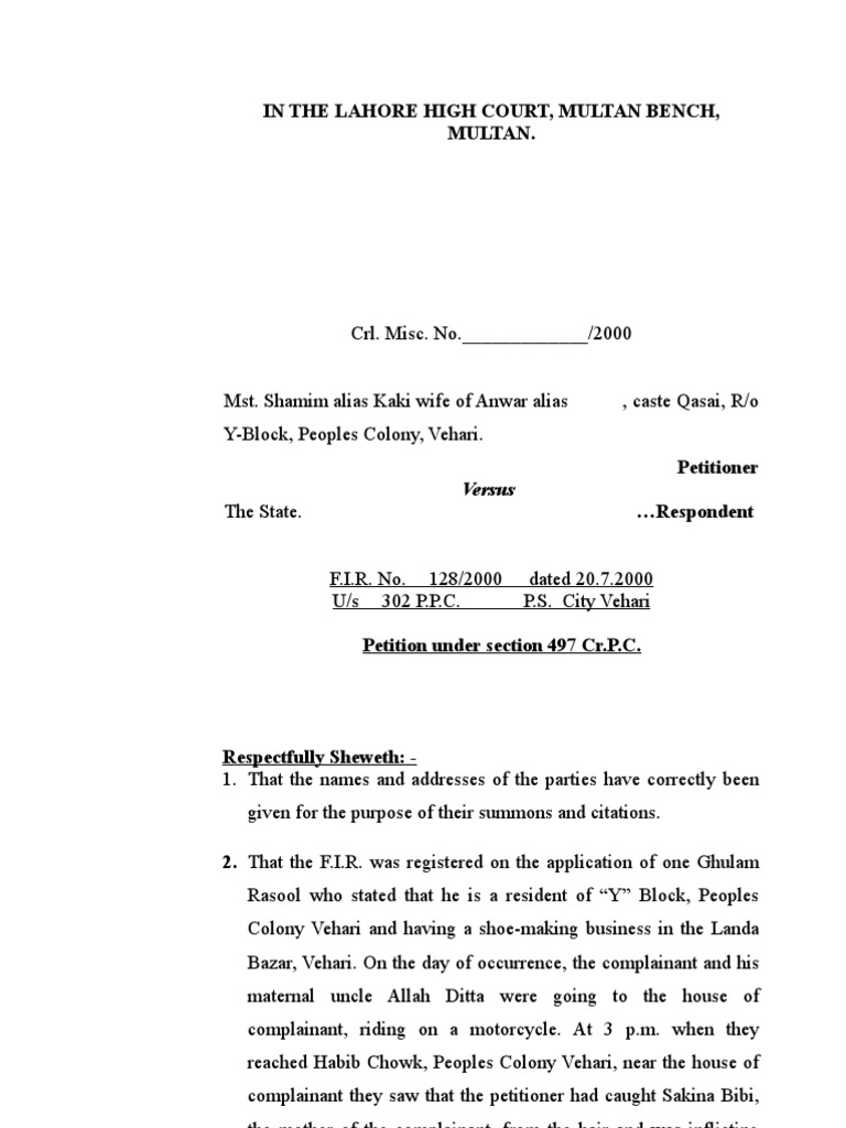 In The Lahore High Court, Multan Bench, Multan.: Versus | PDF | Bail ...