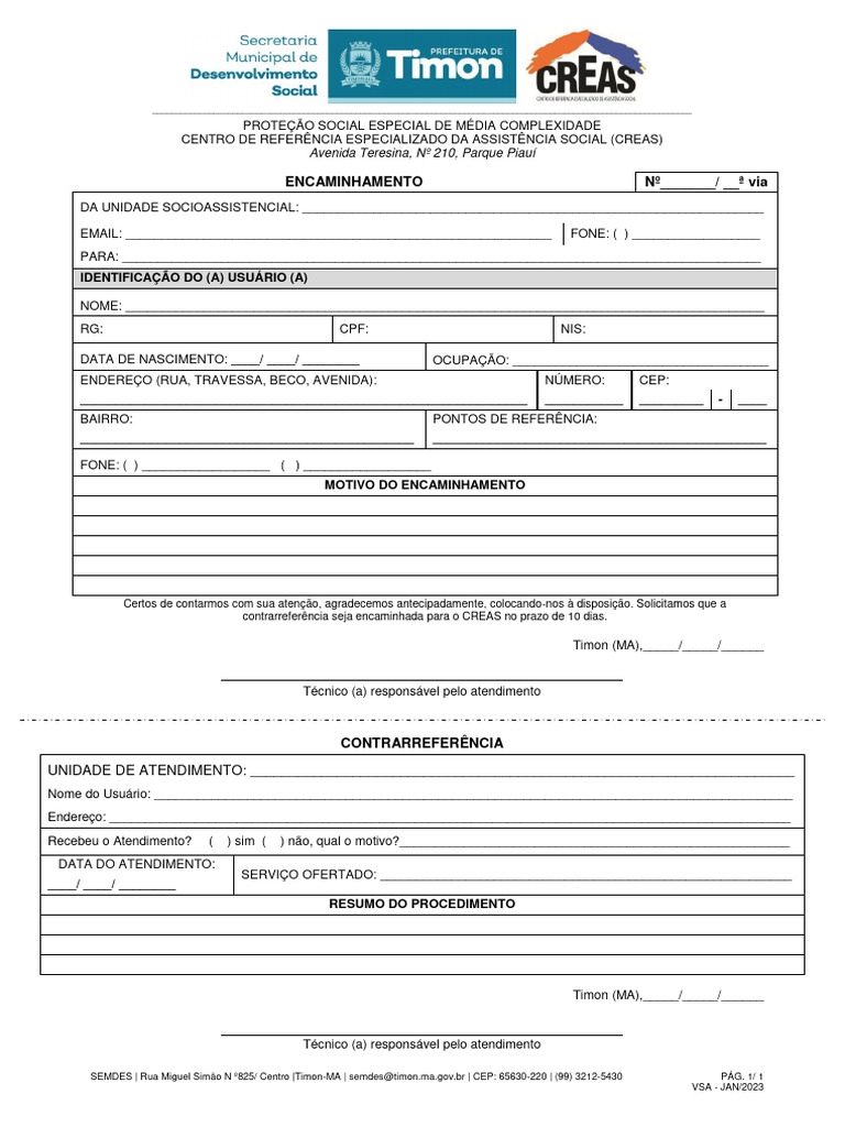 Ficha de Encaminhamento - Creas - 2023 | PDF Ficha de Encaminhamento - Creas - 2023 | PDF