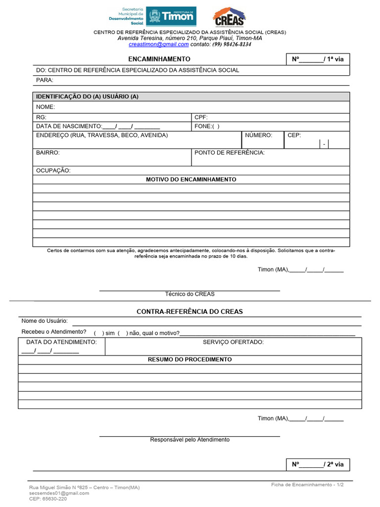 Ficha de Encaminhamento - Creas - 2023 | PDF Ficha de Encaminhamento - Creas - 2023 | PDF