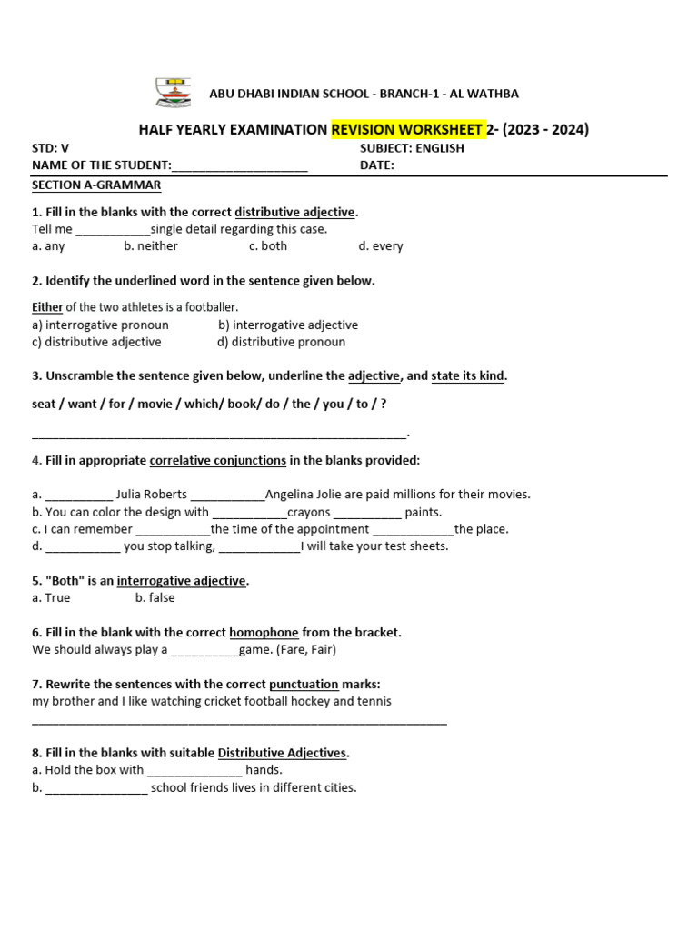 Half Yearly Revision Worksheet-2.. | PDF | Verb | Semantic Units