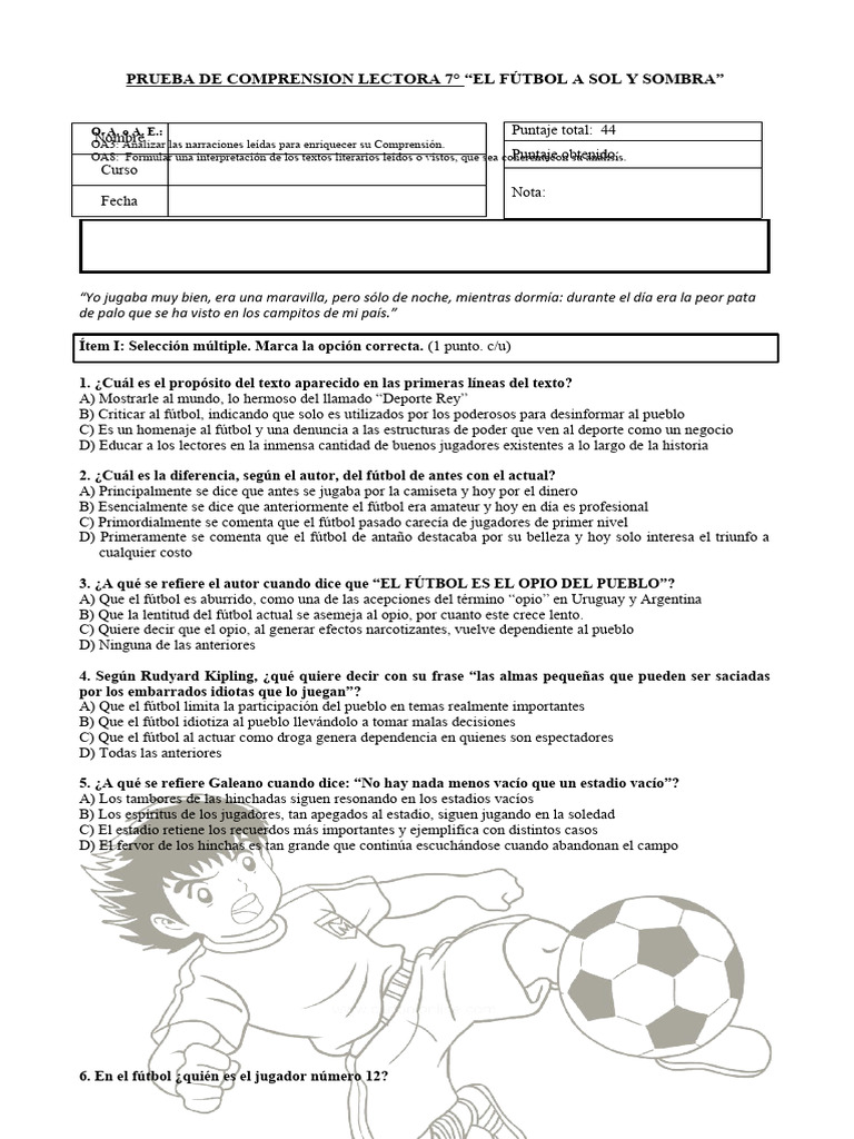 Comprensión Lectora: Fútbol a Sol y Sombra | PDF | Deportes y ...