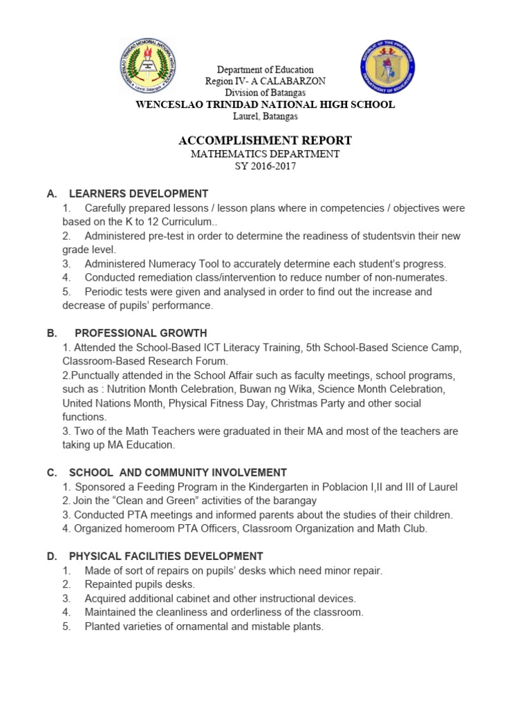 Mathematics Accomplishment Report 2016-2017 | PDF