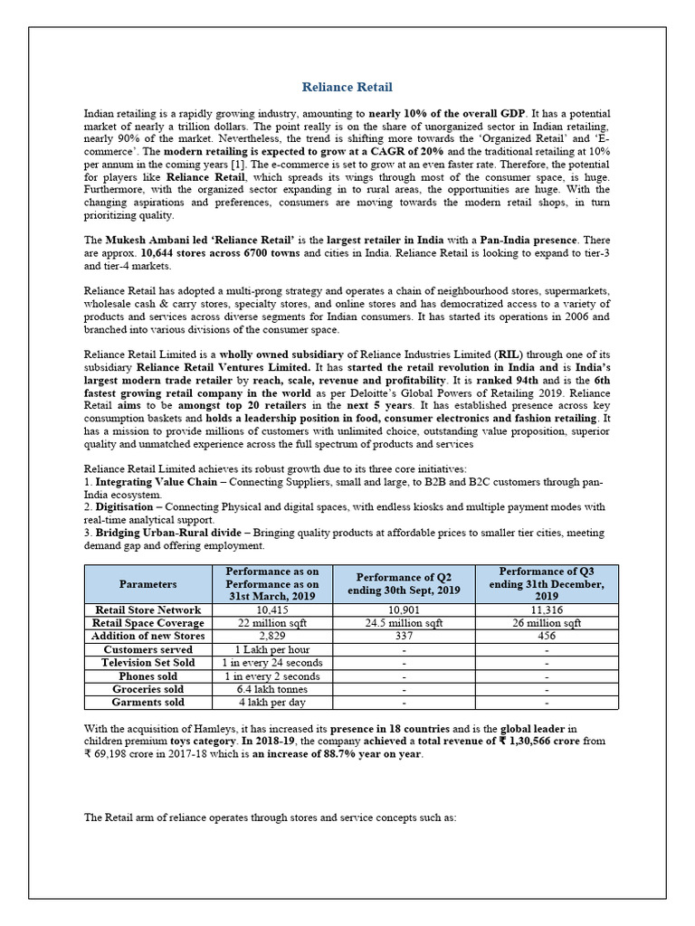 Reliance Retail Limited Product Note | PDF | Retail | Economies