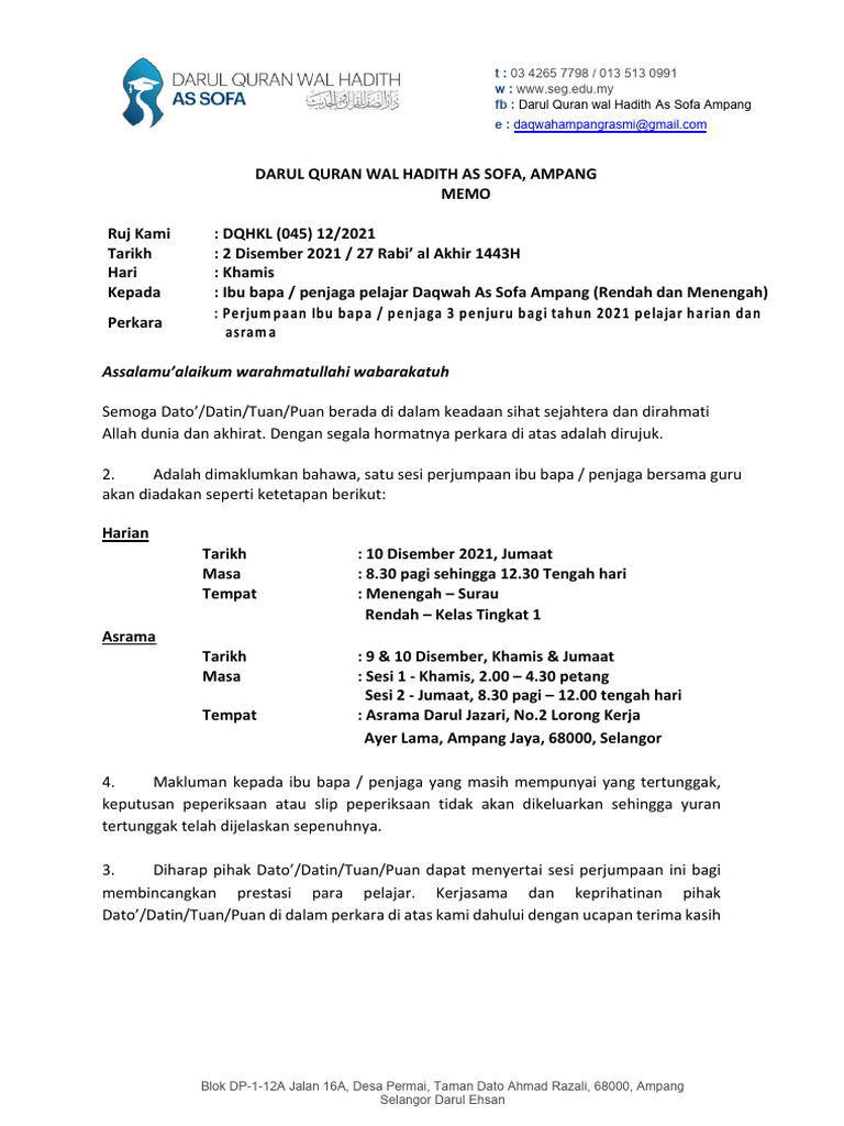 Memo 3 Penjuru (Report Card) | PDF