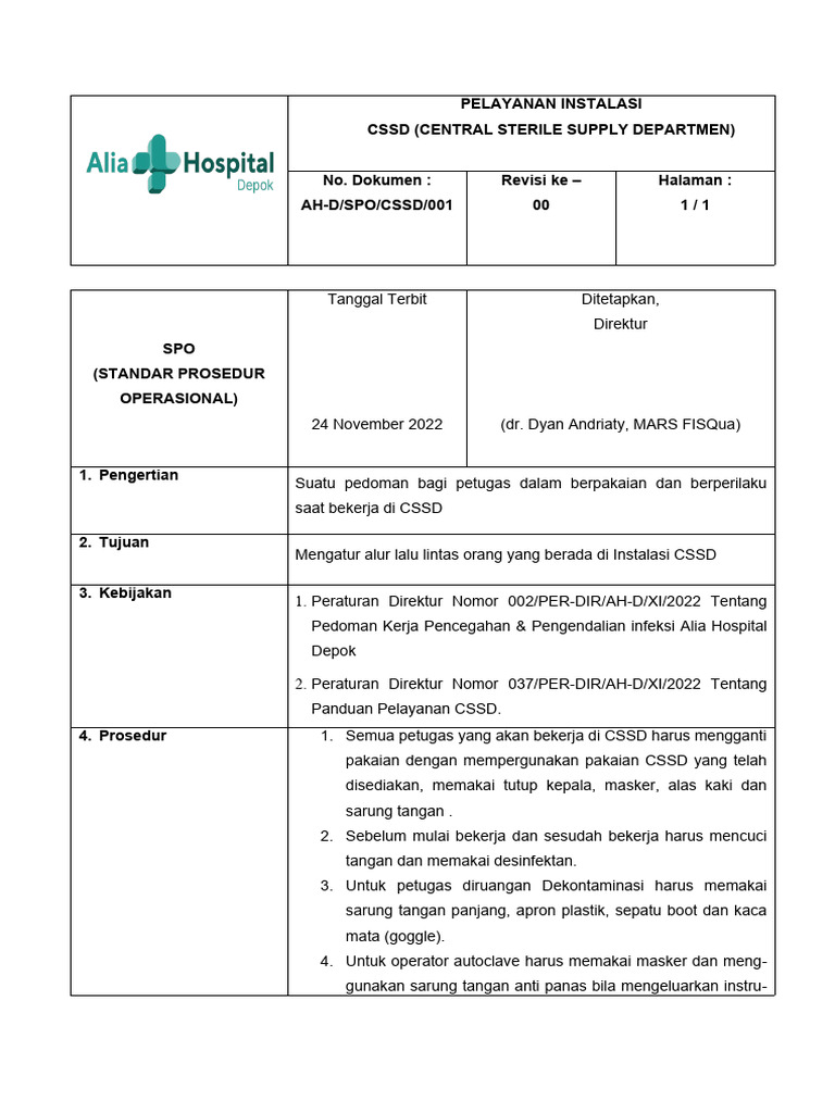 SPO Pelayanan Instalasi CSSD .. | PDF | Teknologi & Rekayasa