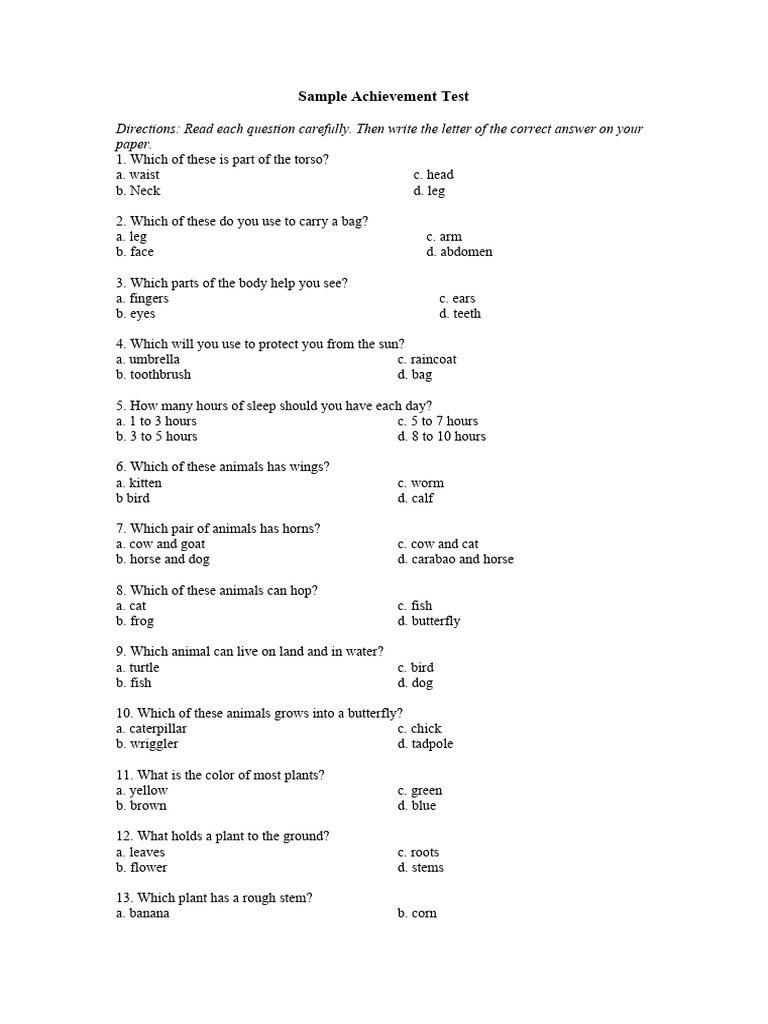 Sample Achievement Test (Science&Health - G1) | PDF | Sky