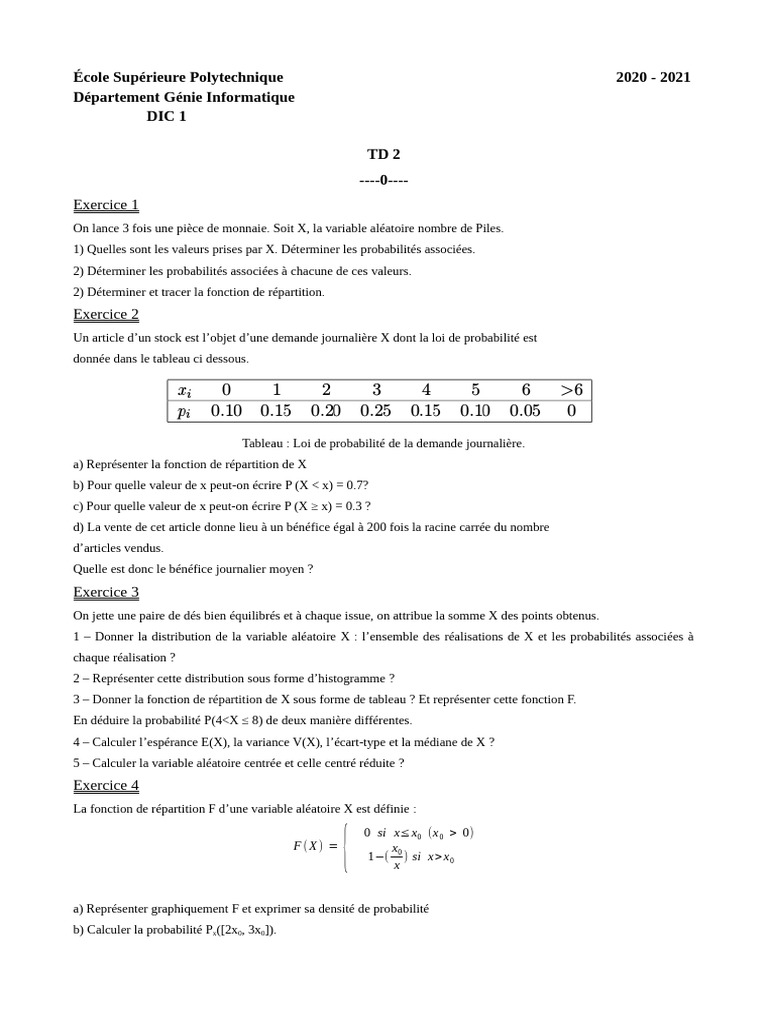 Exercices De Probabilités Et Statistiques Pdf Probabilité Théorie