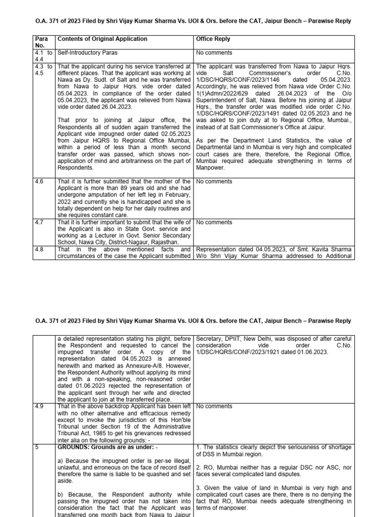 Parawise Reply in O.A. 371 of 2023 | PDF | Government | Justice