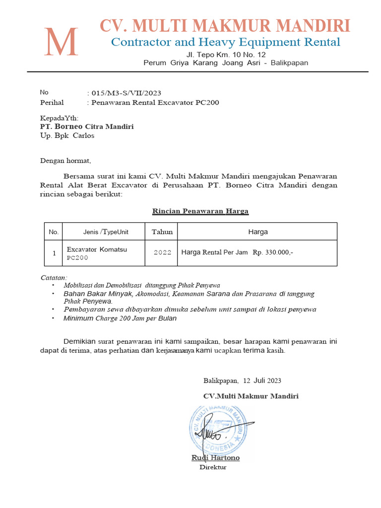 Surat Penawaran Rental PC200 | PDF