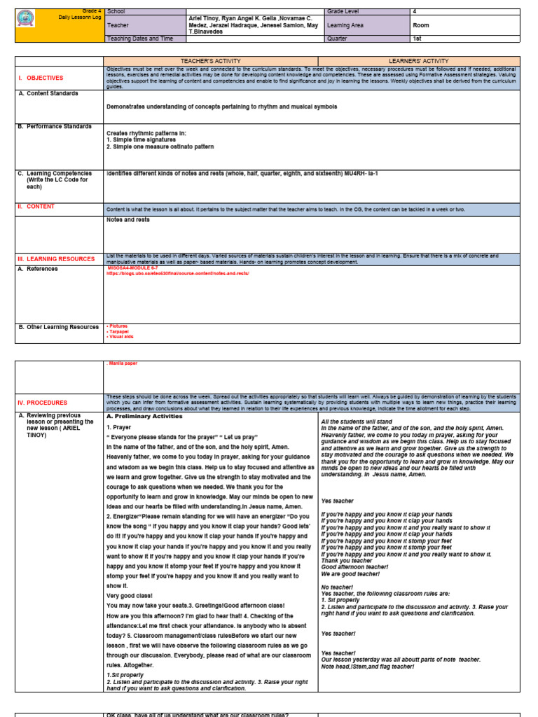 Grade 4 Music Lesson Plan: Notes & Rests | PDF | Prayer | Learning