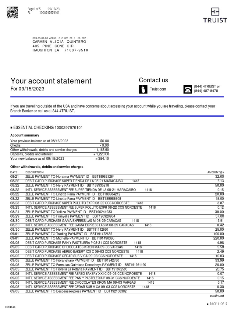 Truist Essential Checking Statement | PDF | Credit Card | Overdraft