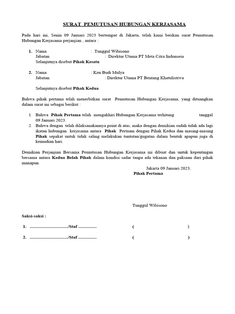 Surat Pemutusan Hubungan Kerjasama | PDF