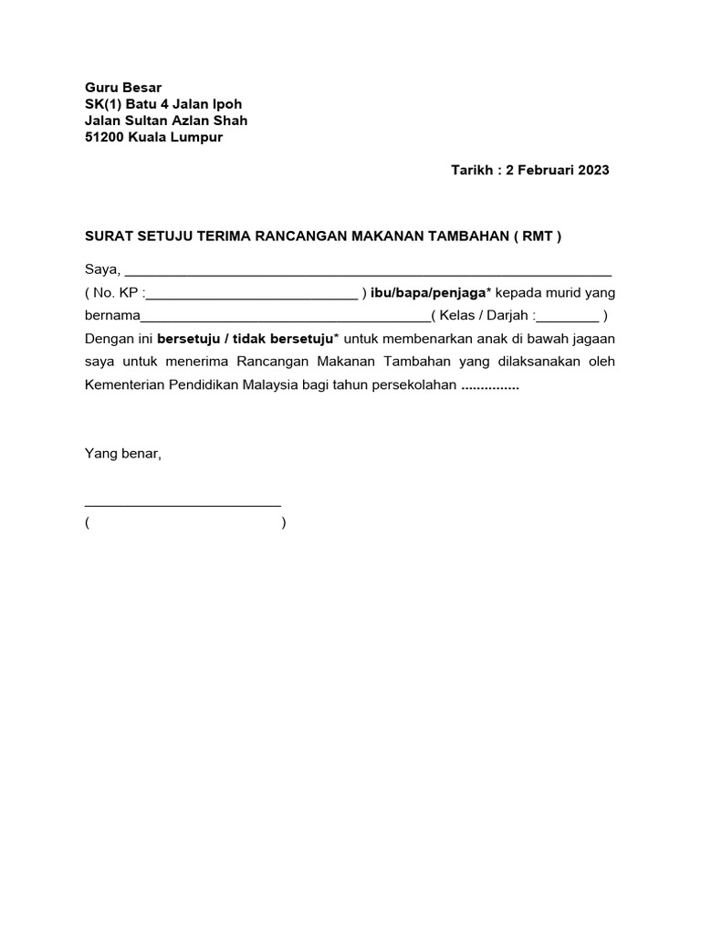 Surat Setuju RMT | PDF