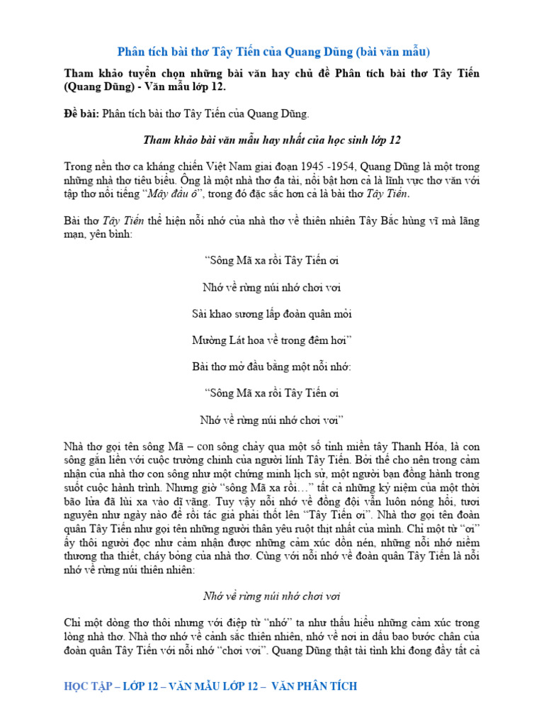 Phan Tich Bai Tho Tay Tien Cua Quang Dung | PDF