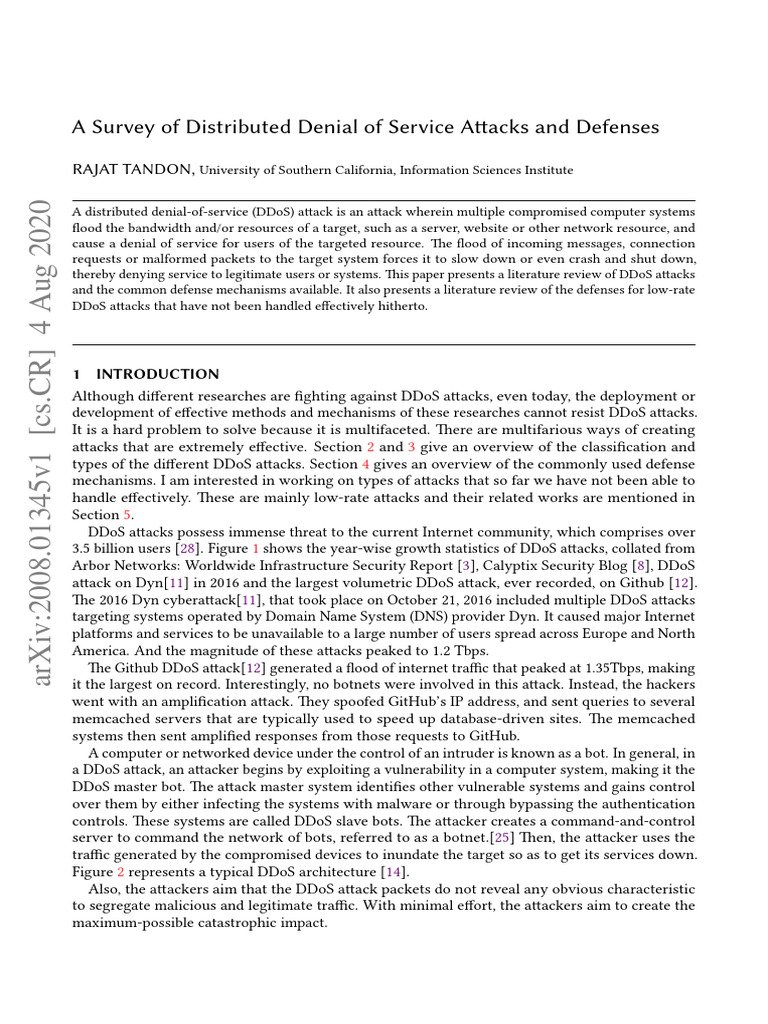 A Survey Of Distributed Denial Of Service Attacks And Defenses Pdf Denial Of Service Attack