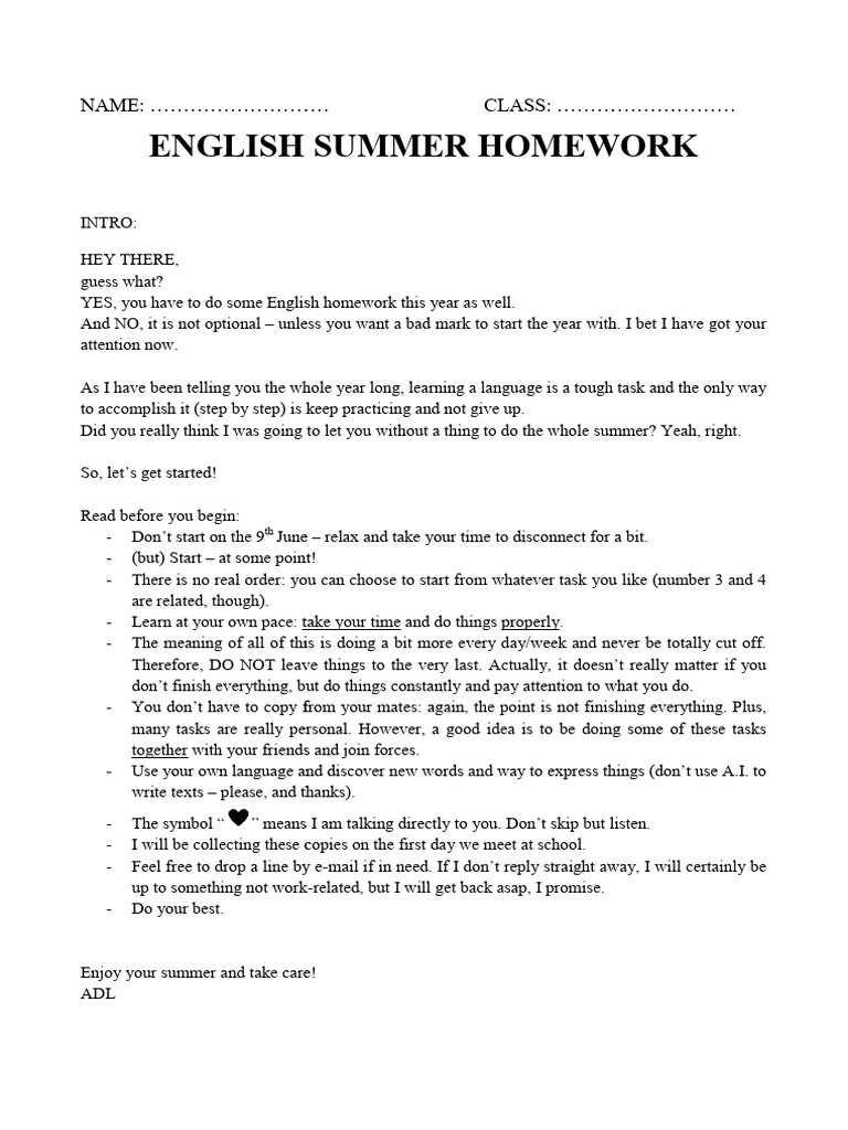 English Summer Homework Homework: NAME: NAME: CLASS: CLASS | PDF ...