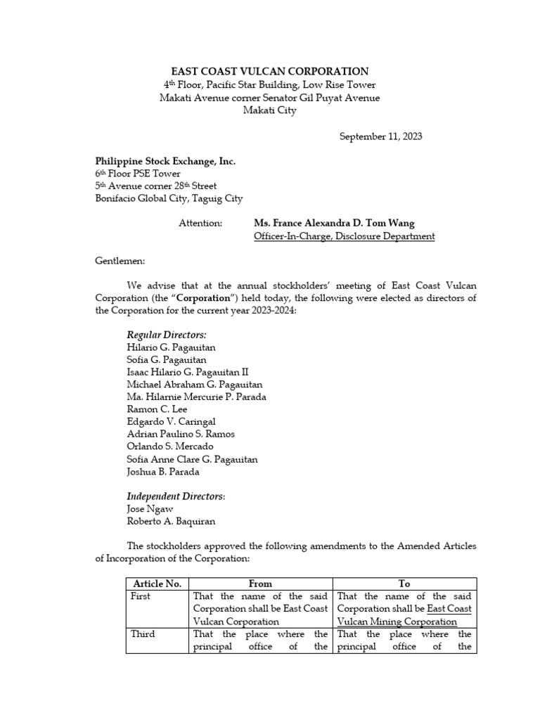 ECVC - Disclosure Letter To PSE - ASM and OBM 2023 | PDF