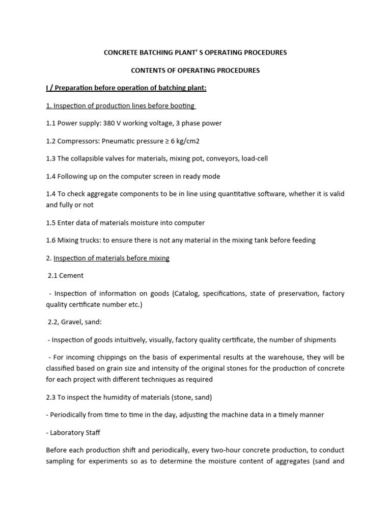 Concrete Batching Plant's Operating Procedure | PDF
