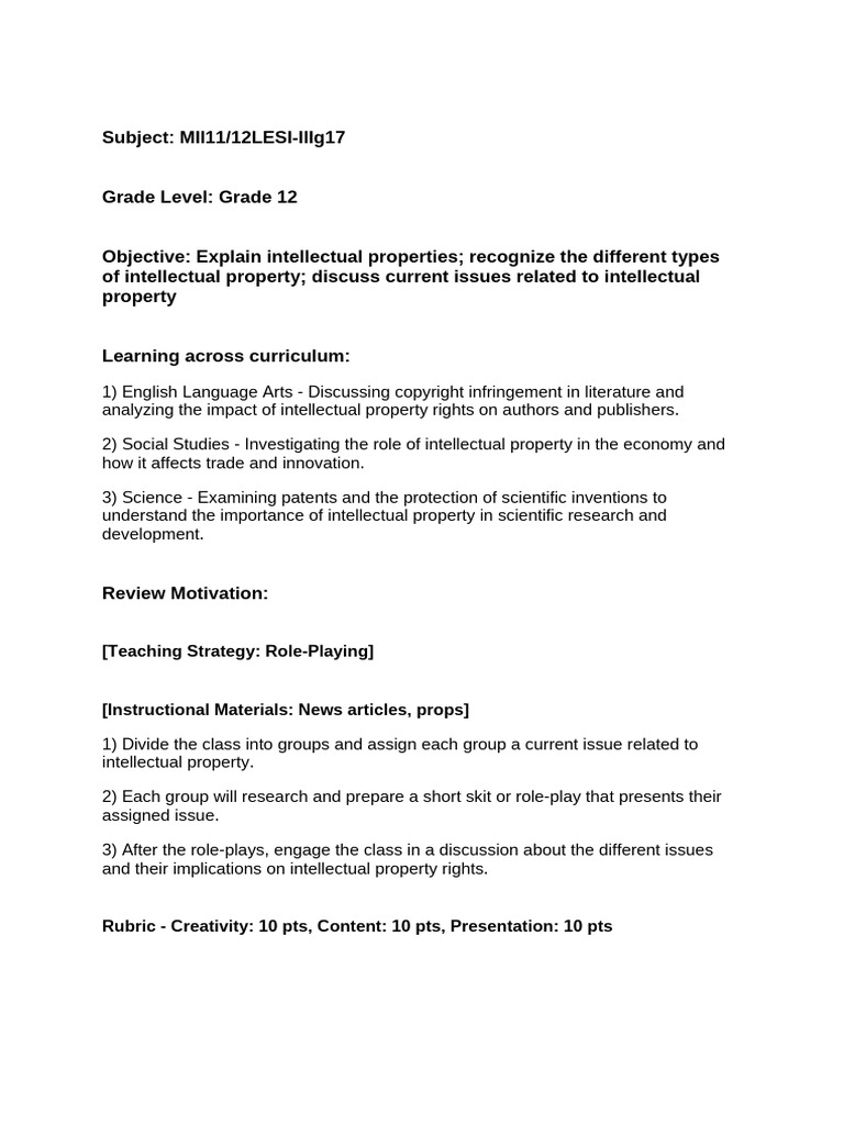 Lesson - Plan (MILQ1) | PDF | Intellectual Property | Patent