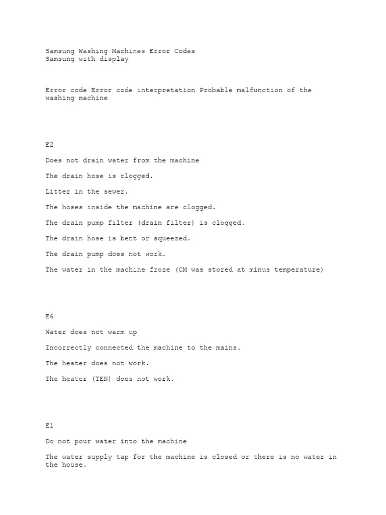 Samsung Washing Machines Error Codes | PDF | Manufactured Goods ...
