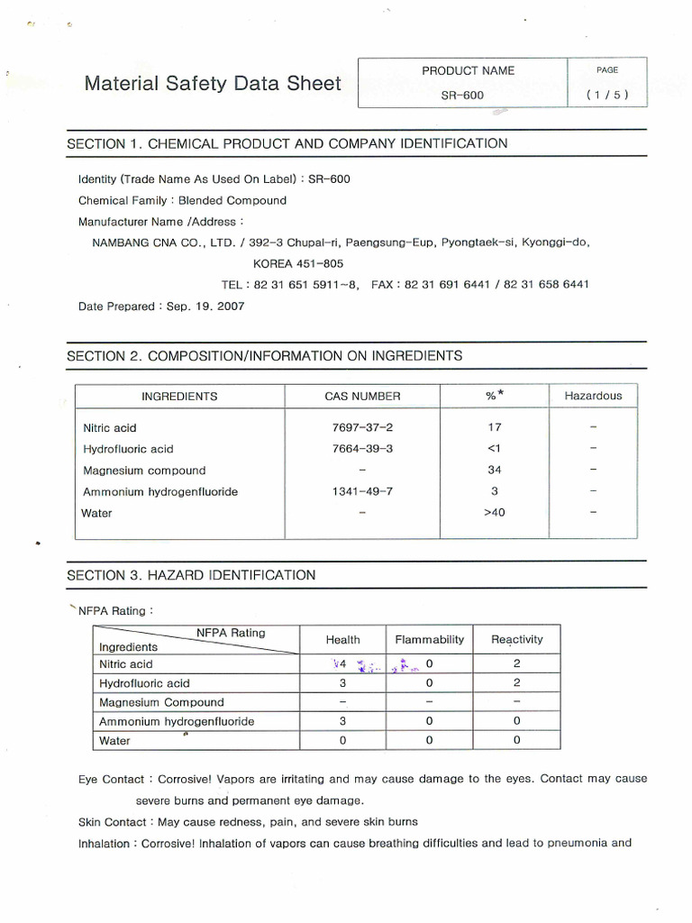 MSDS Nabakem SR 600 Pickling Paste Stainless Scale Cleaner | PDF
