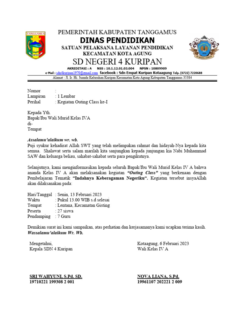 Surat Kegiatan Outing Class IV A | PDF