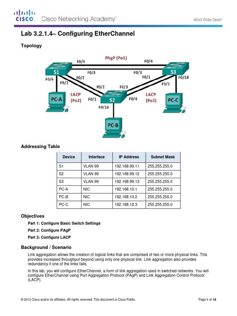 Lab 3.2.1.4 - Configuring Etherchannel: Topology | PDF | Network Switch | Ethernet