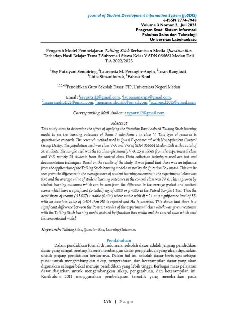 Pengaruh Model Pembelajaran Talking Stick Berbantuan Media Question Box Terhadap Hasil Belajar | PDF