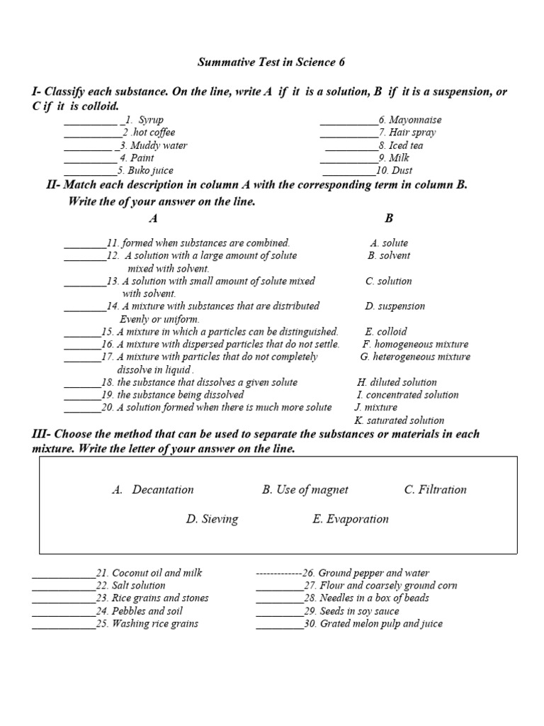 Science 6 1st Periodical Test With Answer Key | PDF | Mixture | Filtration