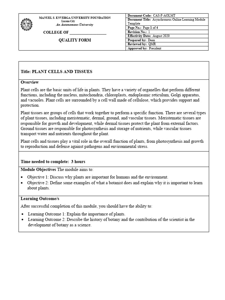 Module 8 PLANT CELLS AND TISSUES | PDF | Cell (Biology) | Tissue (Biology)