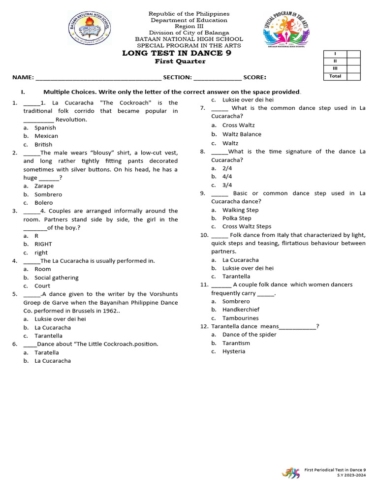 Dance 9 First Quarter Long Test | PDF | Dances | Waltzes