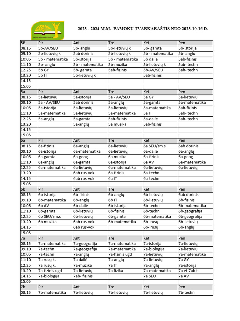 2023 - 2024 M.M. Pamokų Tvarkaraštis Nuo 2023-10-16 D | PDF