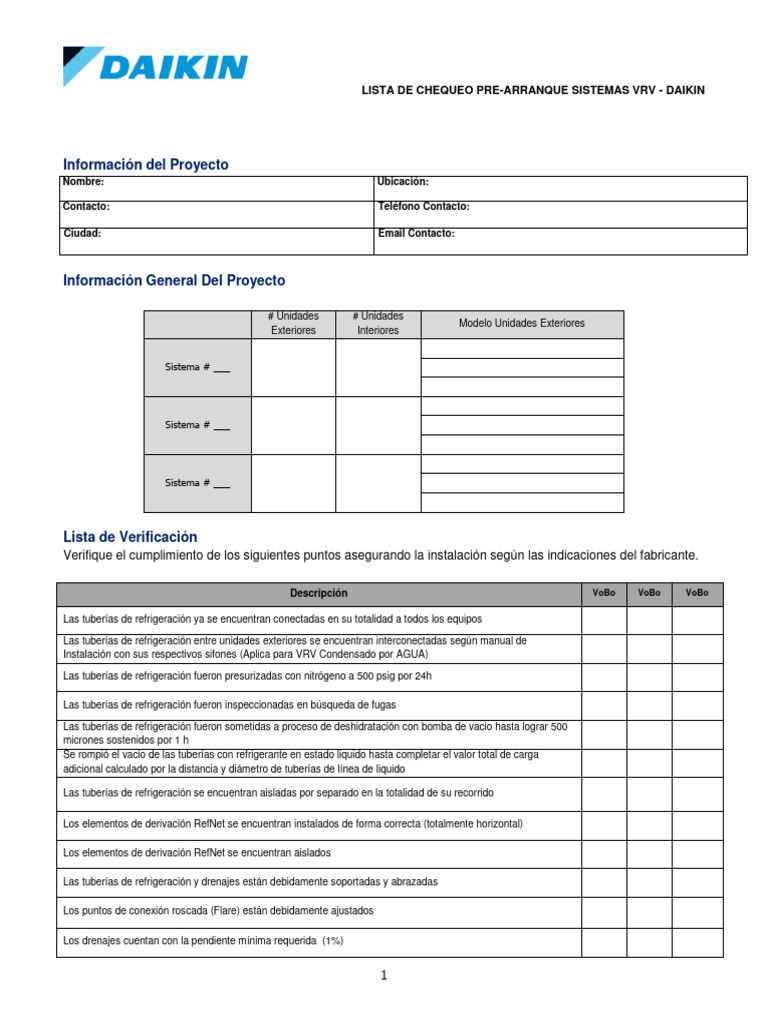 PRE-INSPECCION START UP VRV Updated | PDF | Agua | Refrigeración