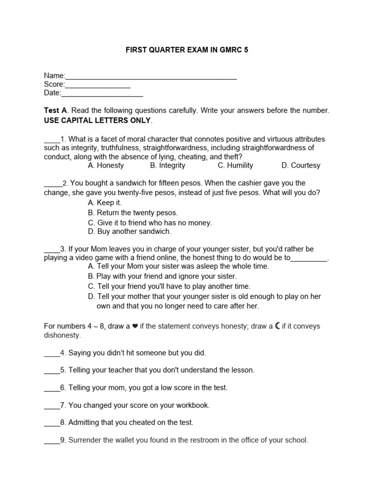 GMRC Grade 5 First Quarter Exam | PDF