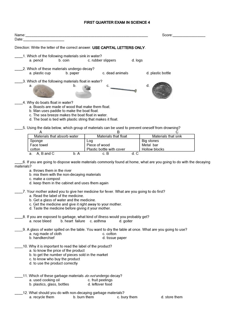 Grade 4 Science Exam | PDF | Waste | Water