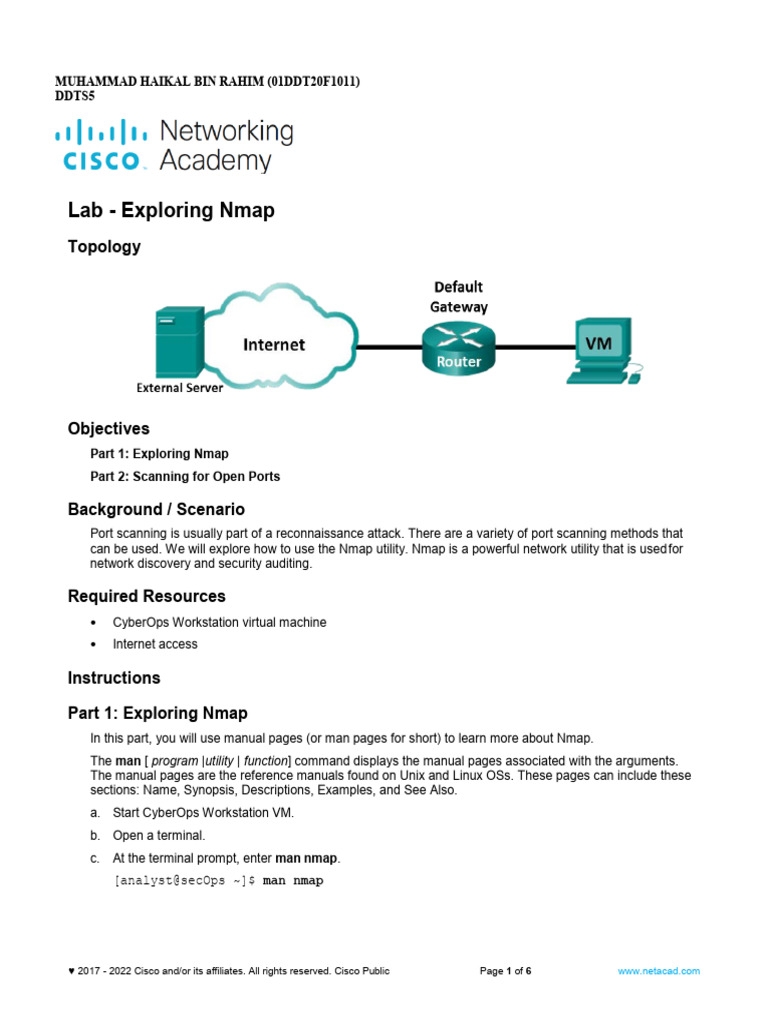 01ddt20f1011 Lab Exploring Nmap Pdf Security Computer Security