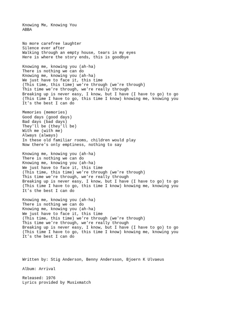 Knowing Me, Knowing You Lyrics | PDF