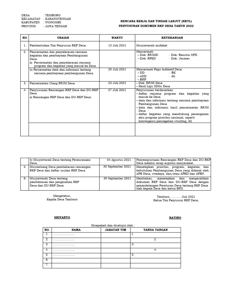 03 Format RKTL Penyusunan RKP Desa | PDF