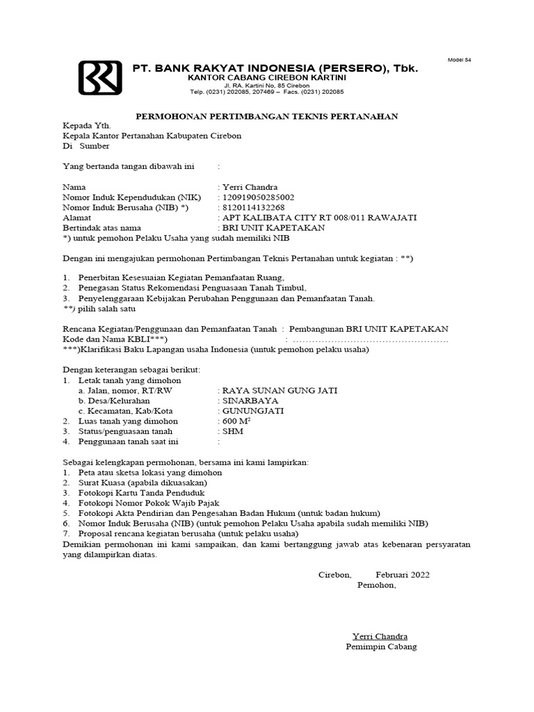 Permohonan Pertimbangan Teknis Pertanahan BRI Cirebon | PDF