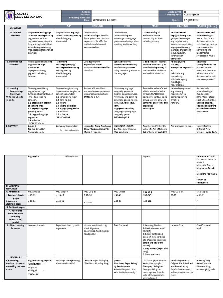 Copy of Copy of DLL - ALL SUBJECTS 2 - Q1 - W5 - D1 | PDF