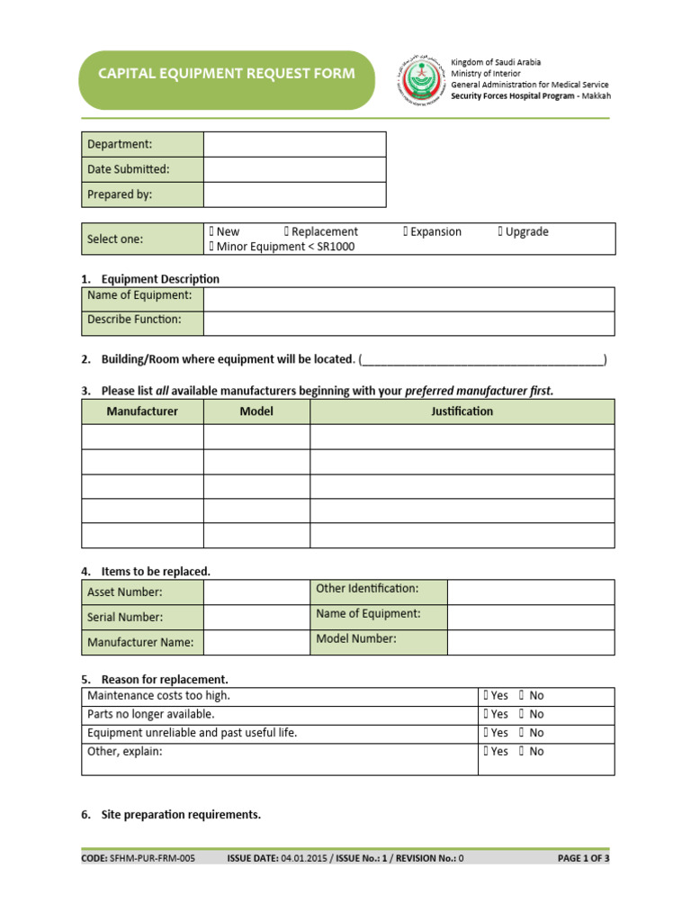 SFHM-PUR-FRM-005 Capital Equipment Request Form | PDF | Saudi Arabia