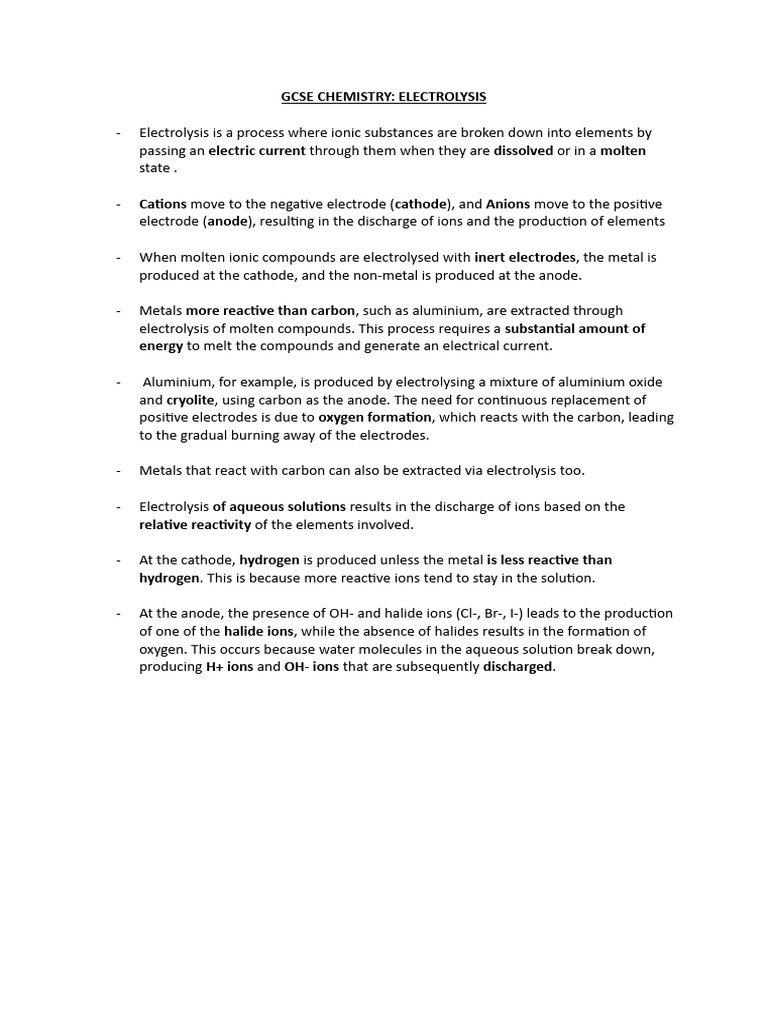 Gcse Chemistry Electrolysis | PDF | Ion | Anode